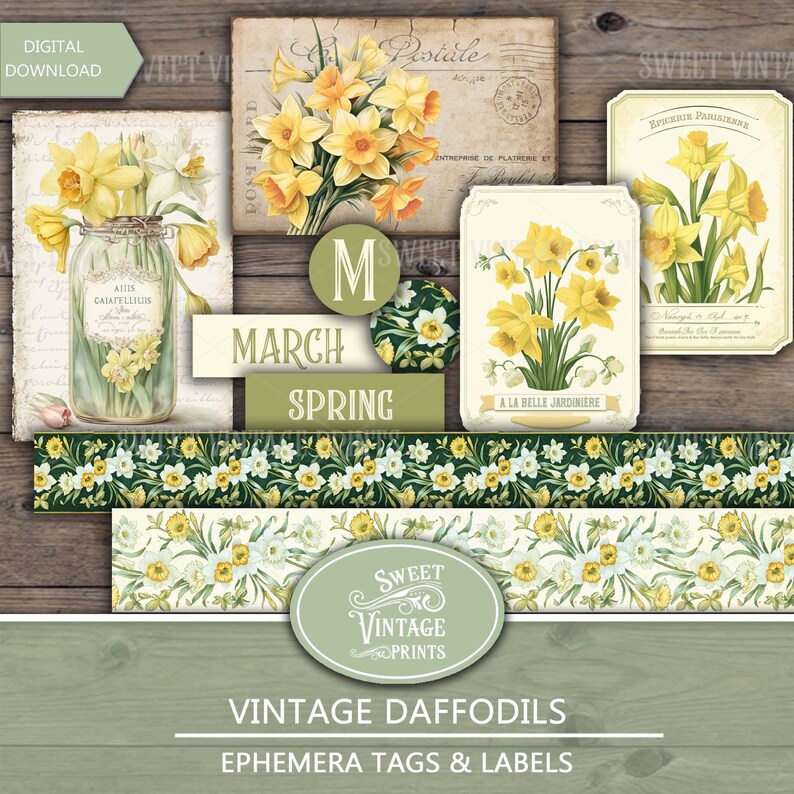 Daffodils Junk Journal Ephemera PDF | Spring Printable Tags & Labels ...