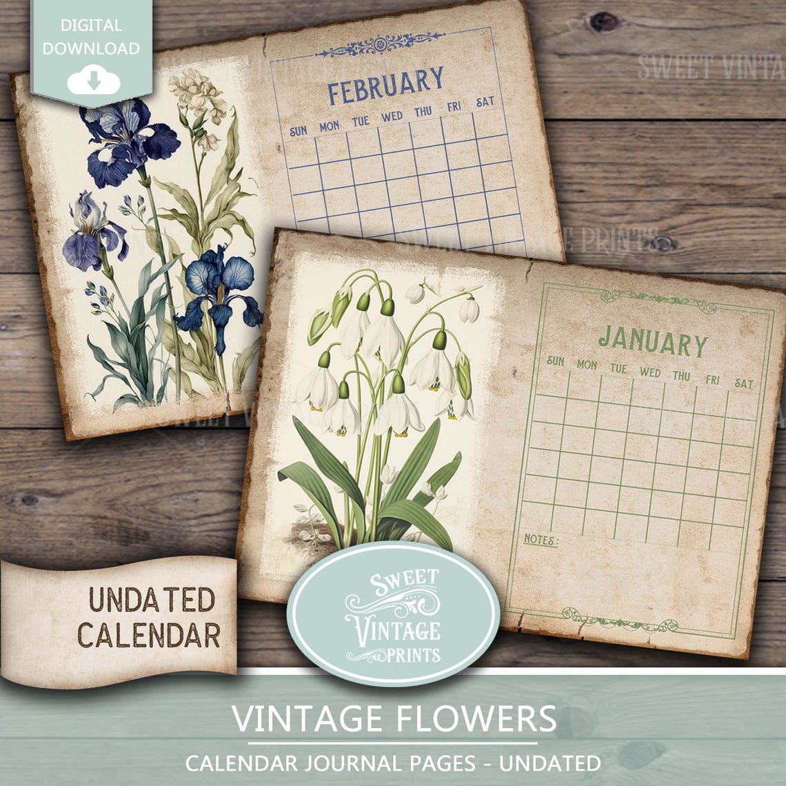Printable Undated Calendar Junk Journal Pages | Regular Size Vintage ...