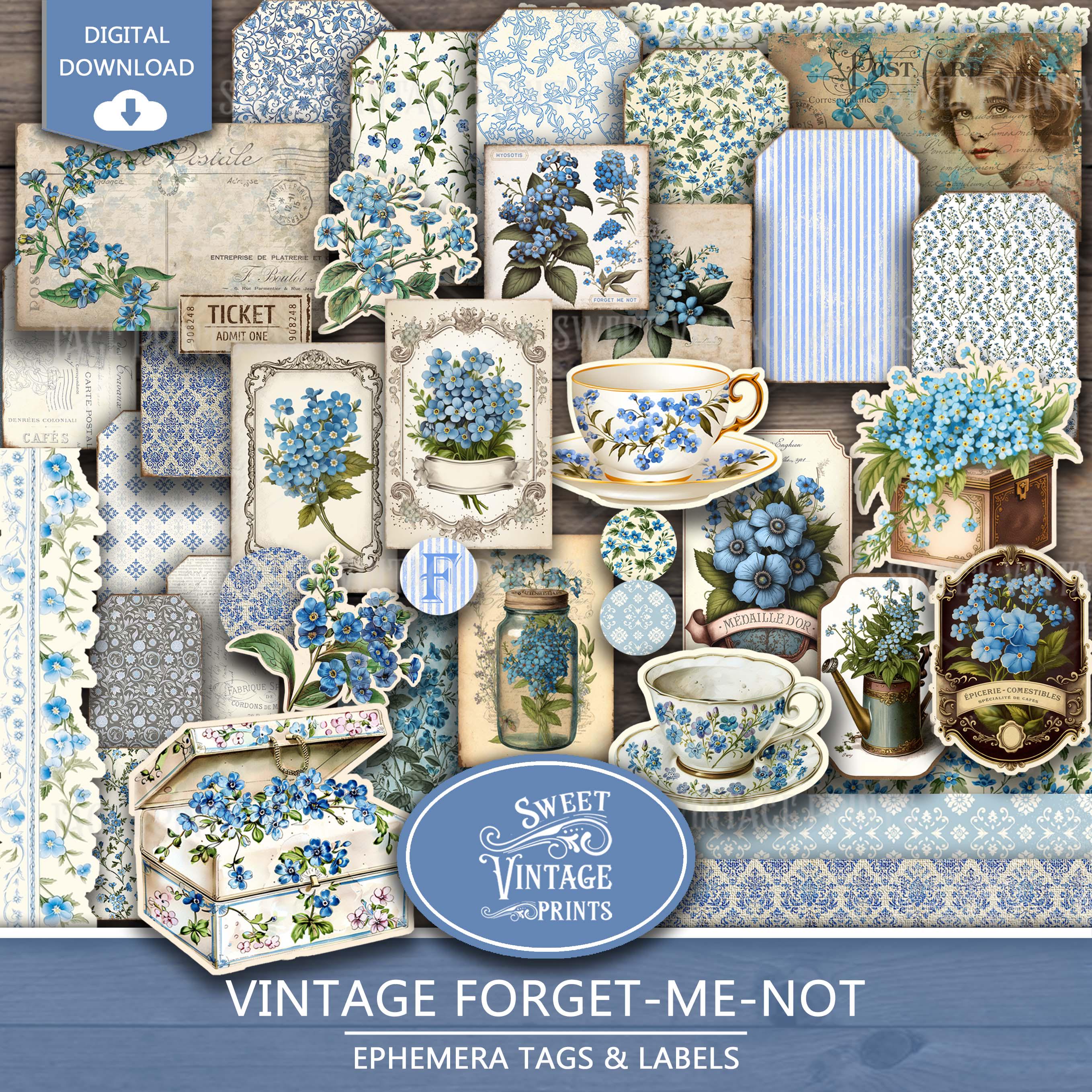 Forget-me-not Junk Journal Ephemera | Vintage Blue Printable Tags ...