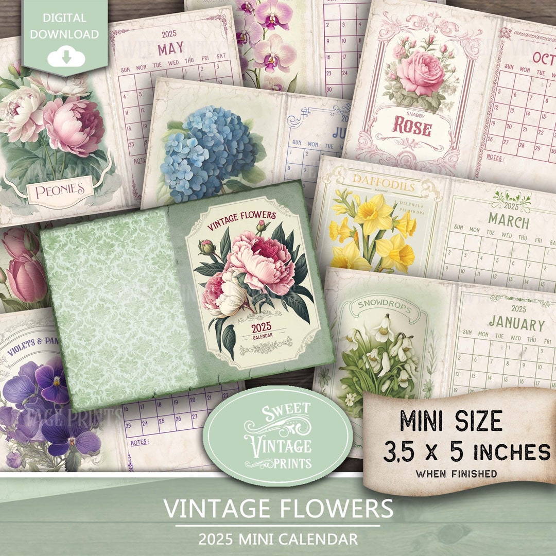 Printable 2025 Calendar | Vintage Flowers Mini Calendar | DIY Planner ...