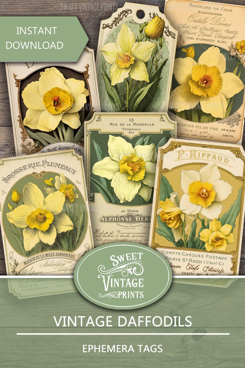 Vintage Daffodil Ephemera Tags, Daffodil Labels, Easter Junk Journal ...