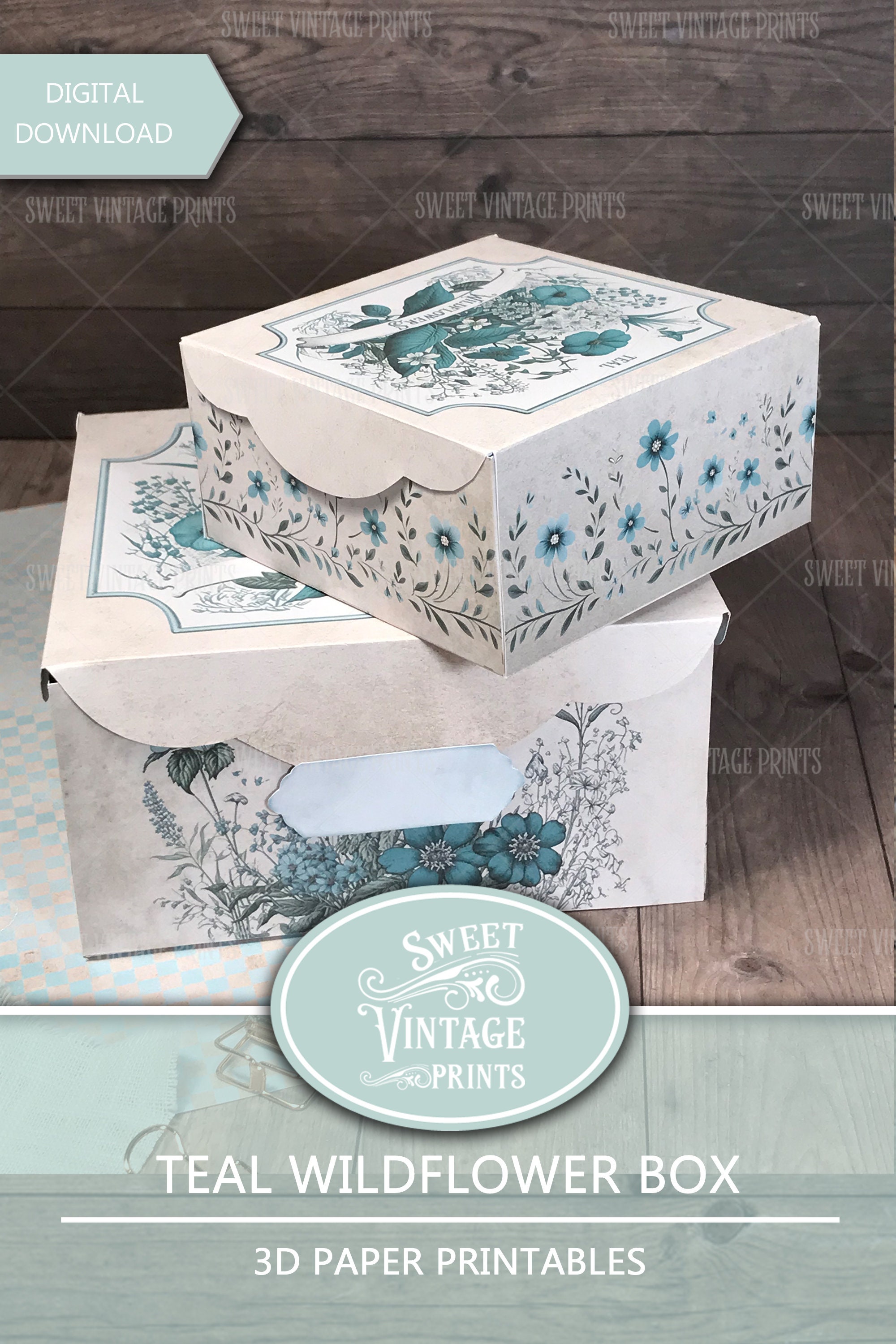 Printable Box, Vintage Flower Box, Teal Wildflower Box Kit, Printable ...