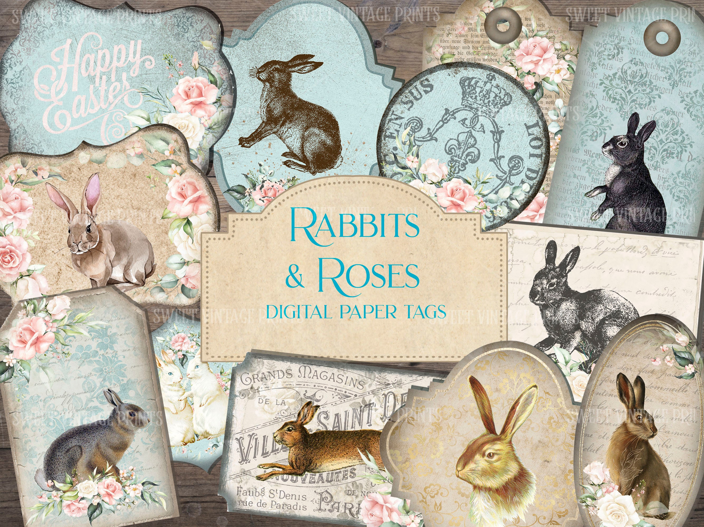 Rabbits & Roses Tags Easter Tags Rabbit Labels Easter - Etsy