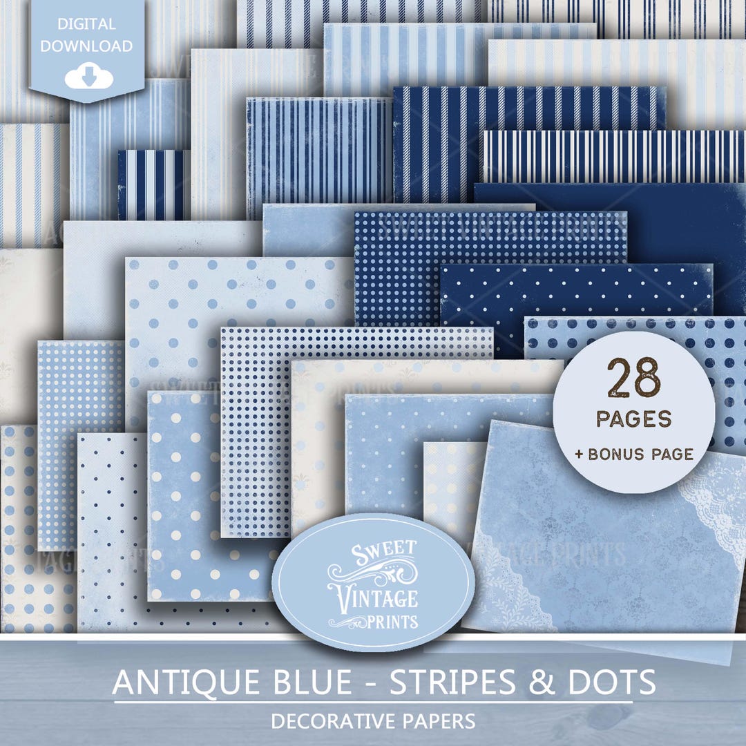 Stripes & Dots Junk Journal | Antique Blue Digital Paper | Denim ...