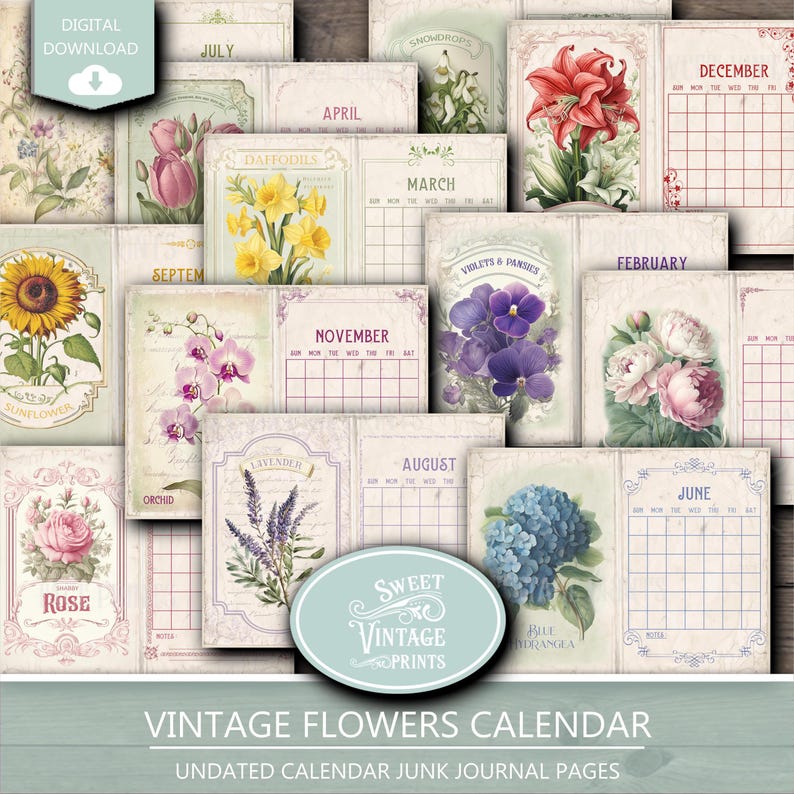 Printable Undated Calendar Junk Journal Pages | Vintage Flowers ...