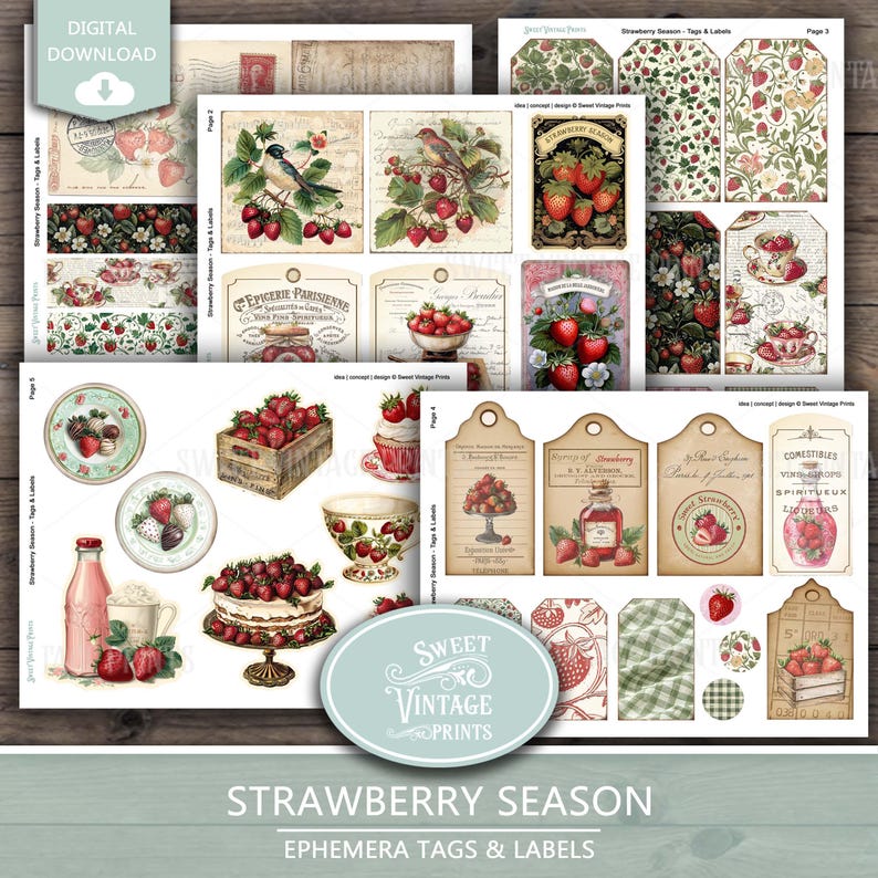 Strawberry Junk Journal Ephemera | Vintage Strawberries Printable Tags ...