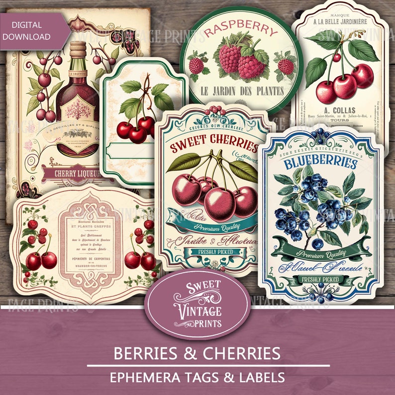 Cherry Junk Journal Ephemera | Printable Berry Tags & Labels | Vintage ...