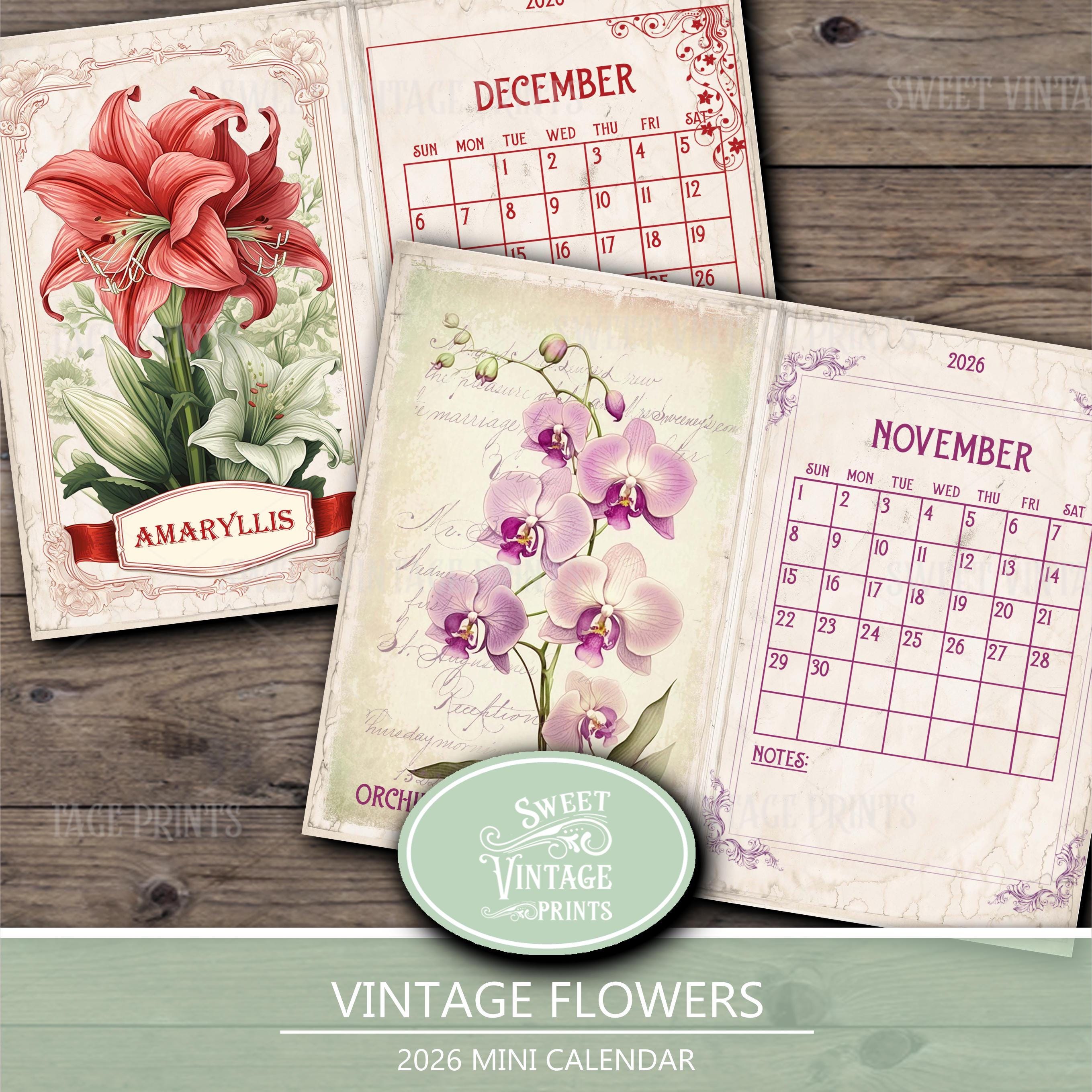 Printable 2026 Mini Calendar | Vintage Flowers Calendar | DIY Planner ...