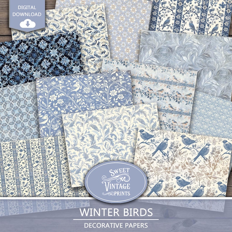 Birds Junk Journal Papers | Winter Digital Paper Pack | Blue Printables ...