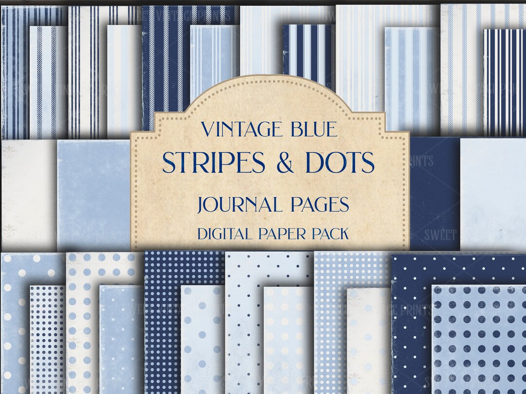 Stripes & Dots Journal Pages, Blue Digital Paper, Vintage Blue Paper ...