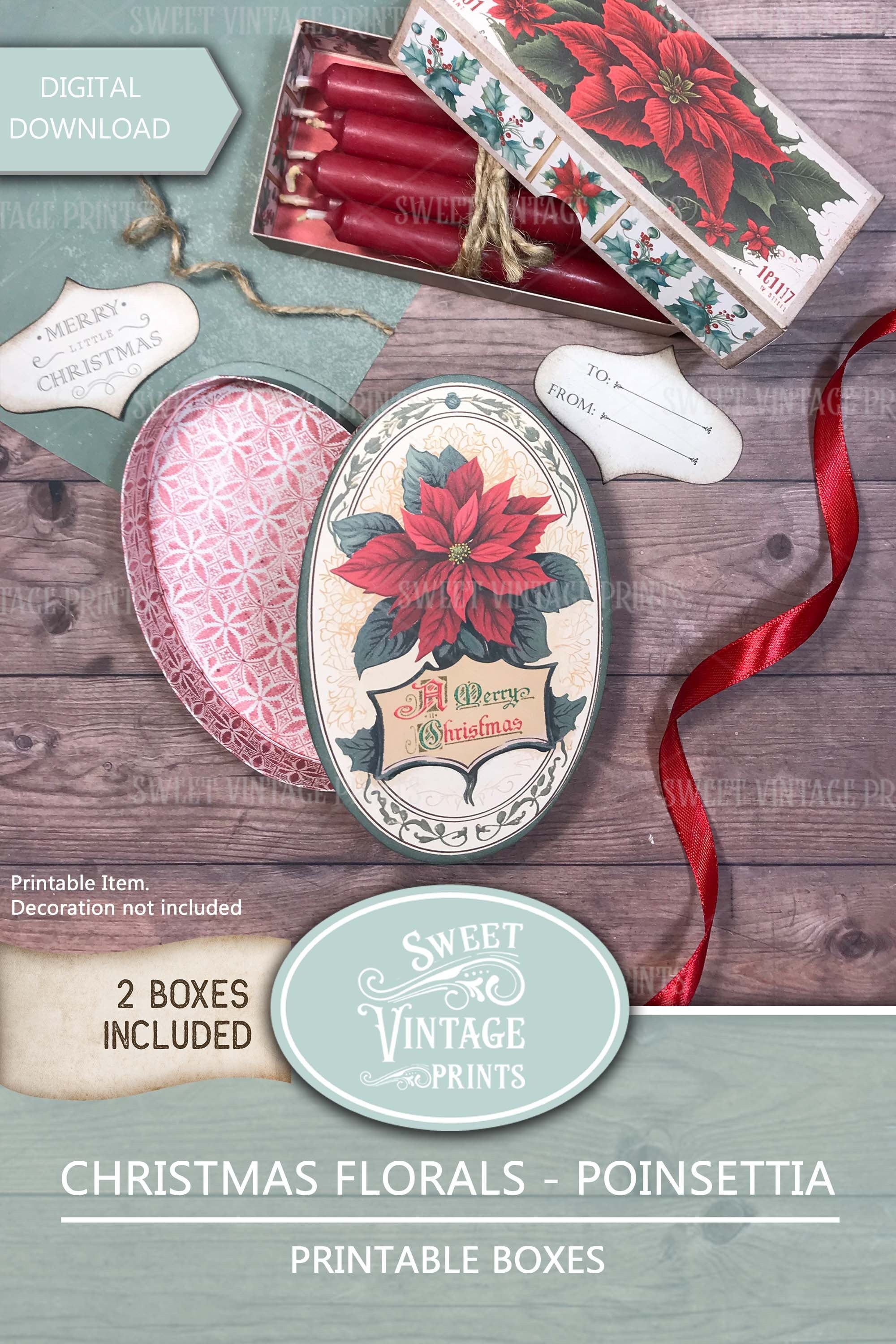 Printable DIY Christmas Gift Boxes, Poinsettia Digital Gift Cases ...