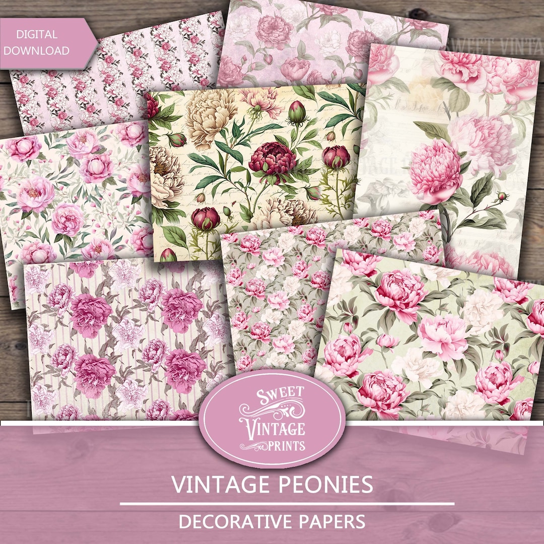 Vintage Peonies Digital Paper Pack | Peony Junk Journal Printable ...