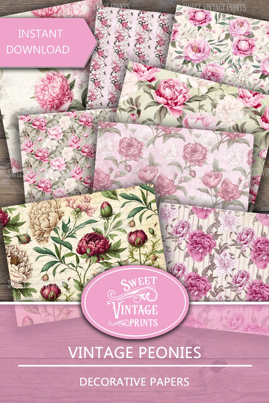 Junk Journal Peonies, Vintage Peonies Digital Paper Pack, Peony Digital ...