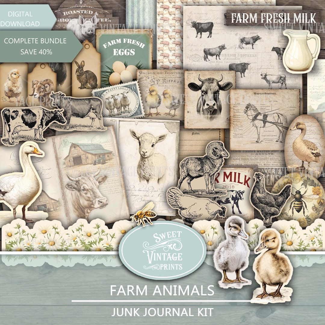 Junk Journal Kit Farm Animals, Farm Digital Download Animals Junk ...