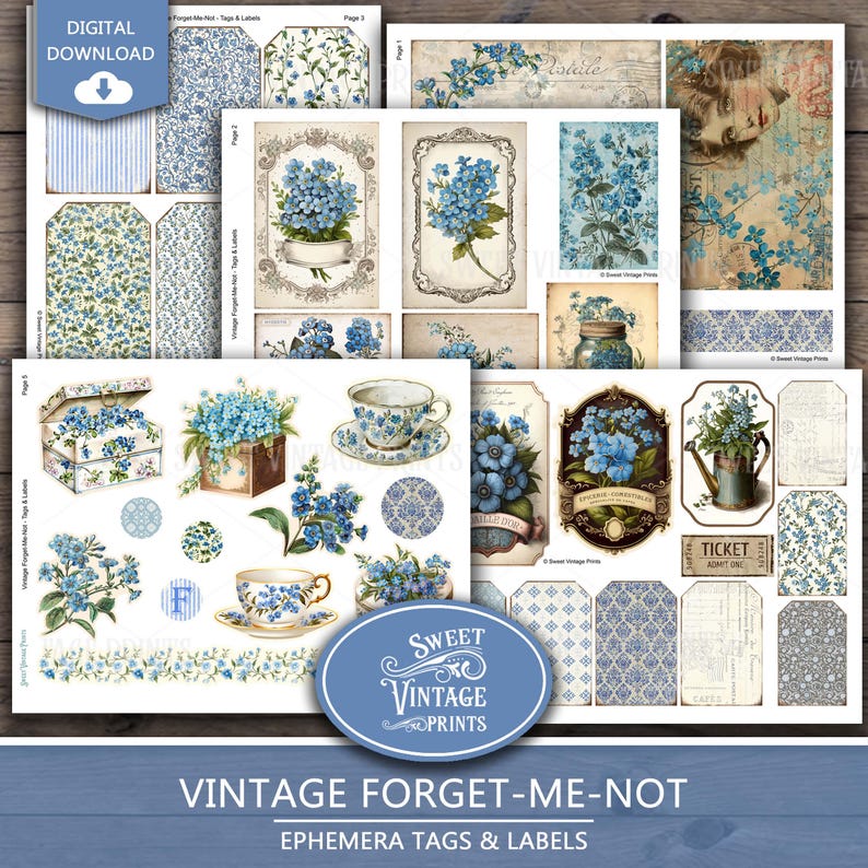 Forget-me-not Junk Journal Ephemera | Vintage Blue Printable Tags ...