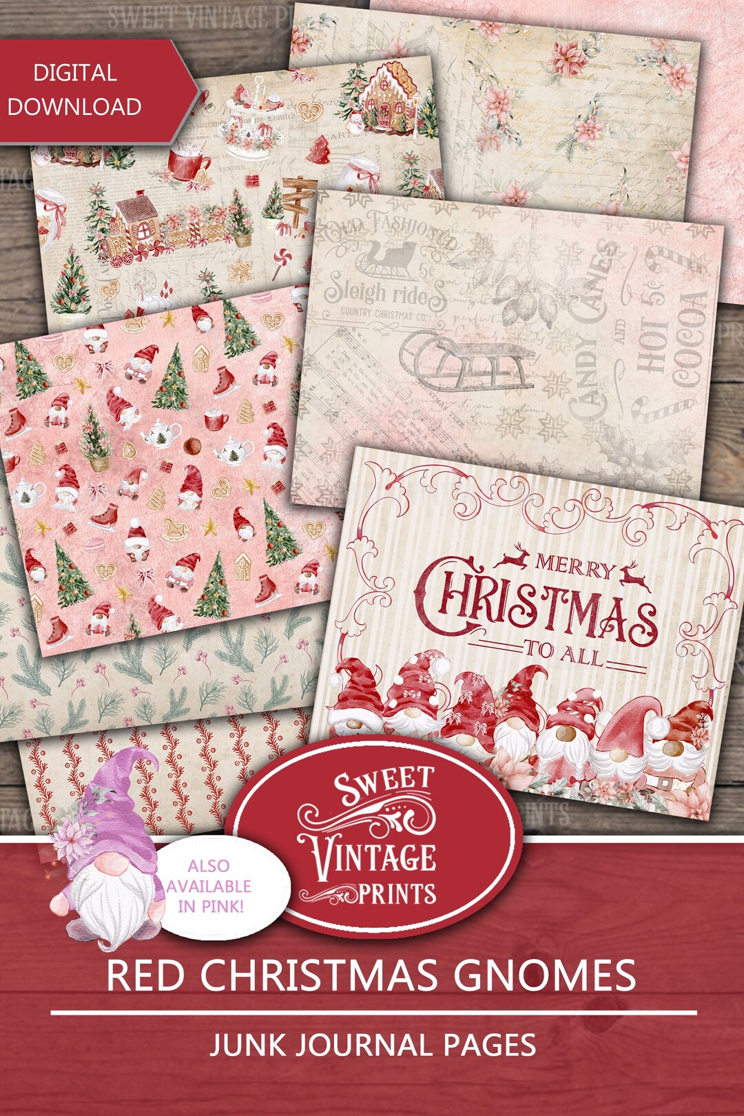 Red Christmas Gnomes Digital Paper Pack, Red Gnomes Junk Journal Papers ...