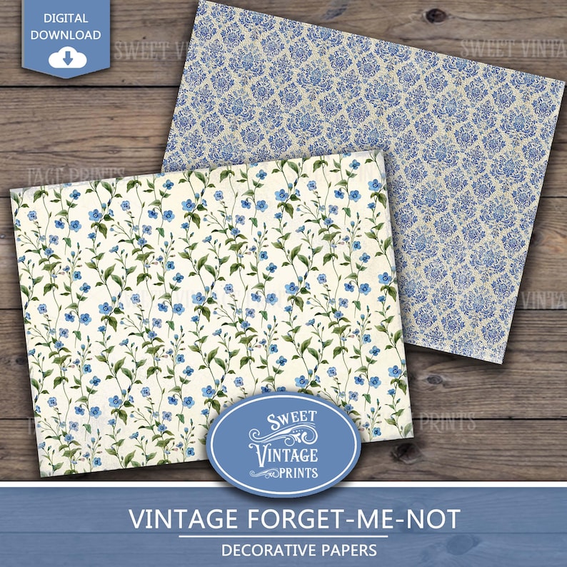 Vintage Forget-me-not Junk Journal Papers | Blue Florals Digital Paper ...