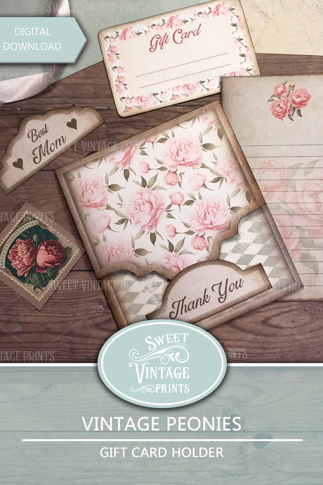 Peonies Gift Card Holder Printable | DIY Giftcard Digital Download ...