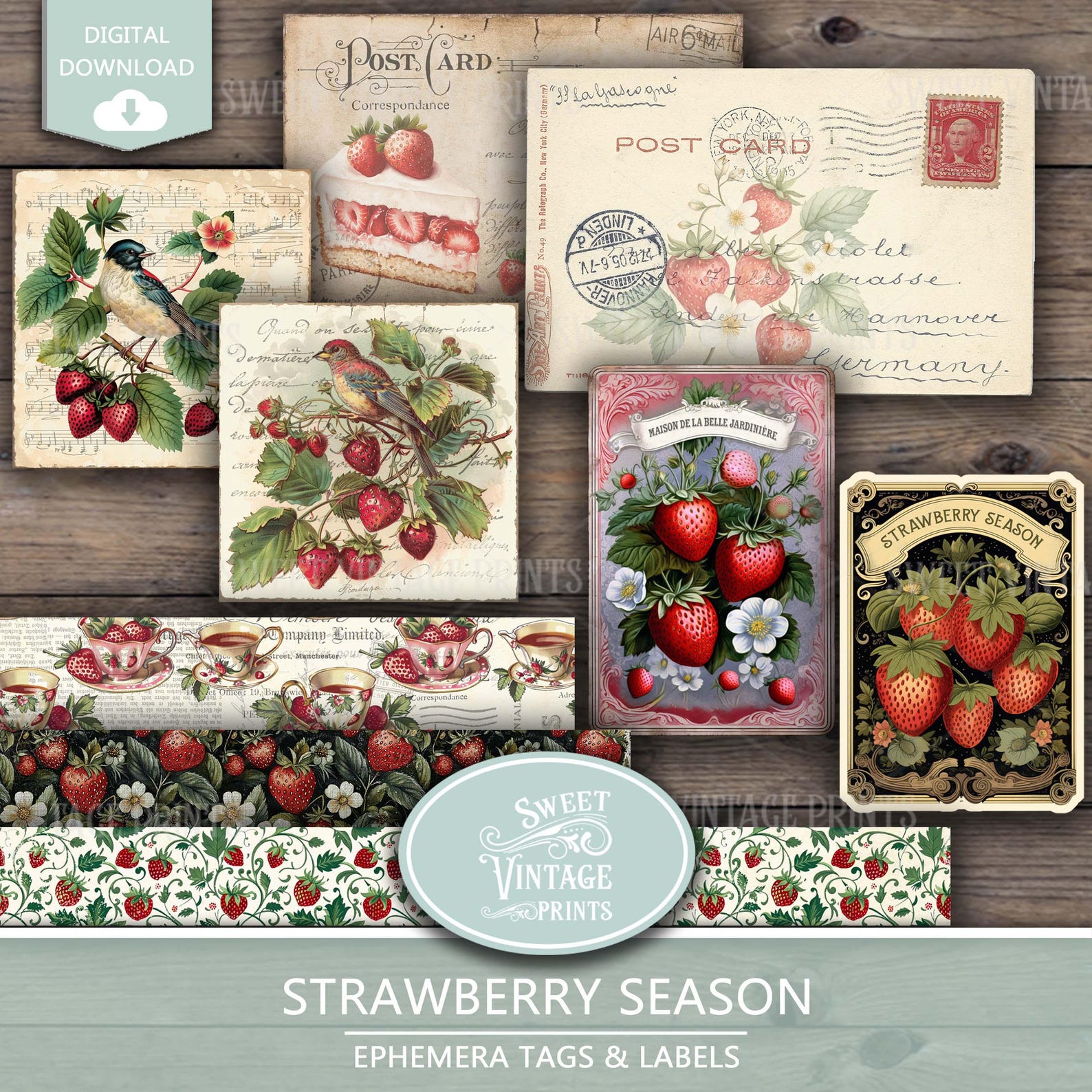 Strawberry Junk Journal Ephemera | Vintage Strawberries Printable Tags ...