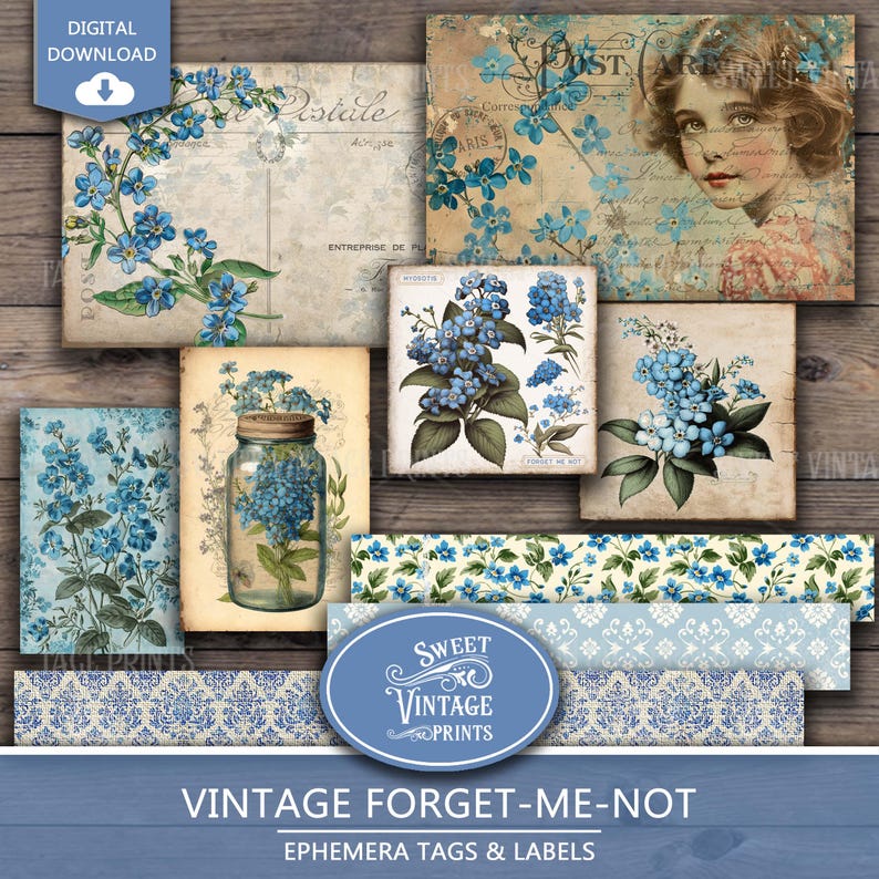 Forget-me-not Junk Journal Ephemera | Vintage Blue Printable Tags ...