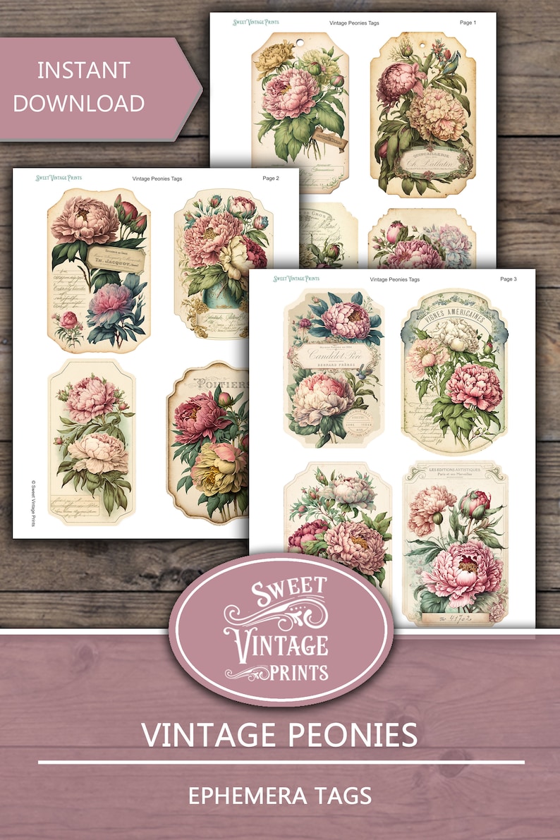 Vintage Peony Ephemera Tags, Peony Labels, Peonies Junk Journal, Peony ...