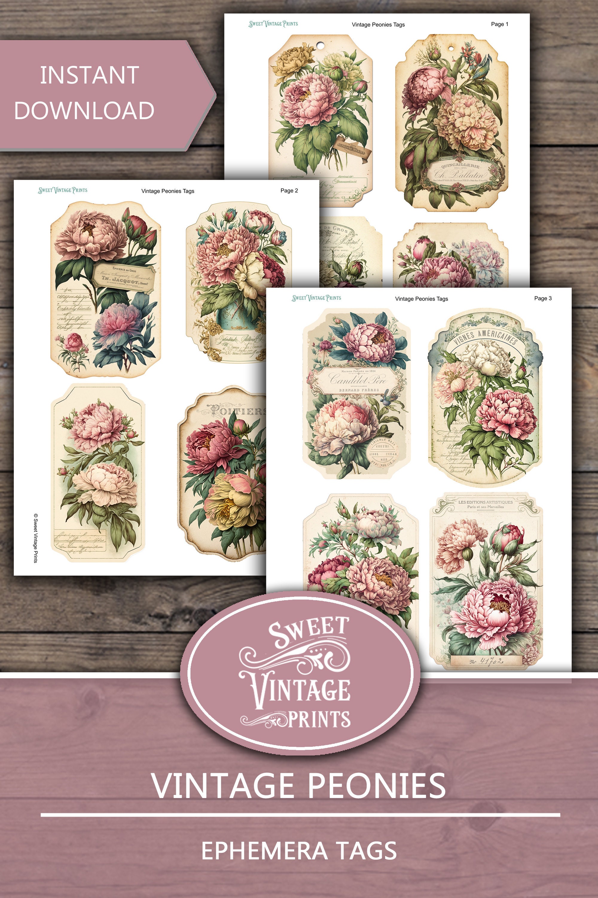 Vintage Peony Ephemera Tags, Peony Labels, Peonies Junk Journal, Peony ...