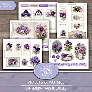 Violets Junk Journal Ephemera, Pansies Tags & Labels Printable, Vintage ...