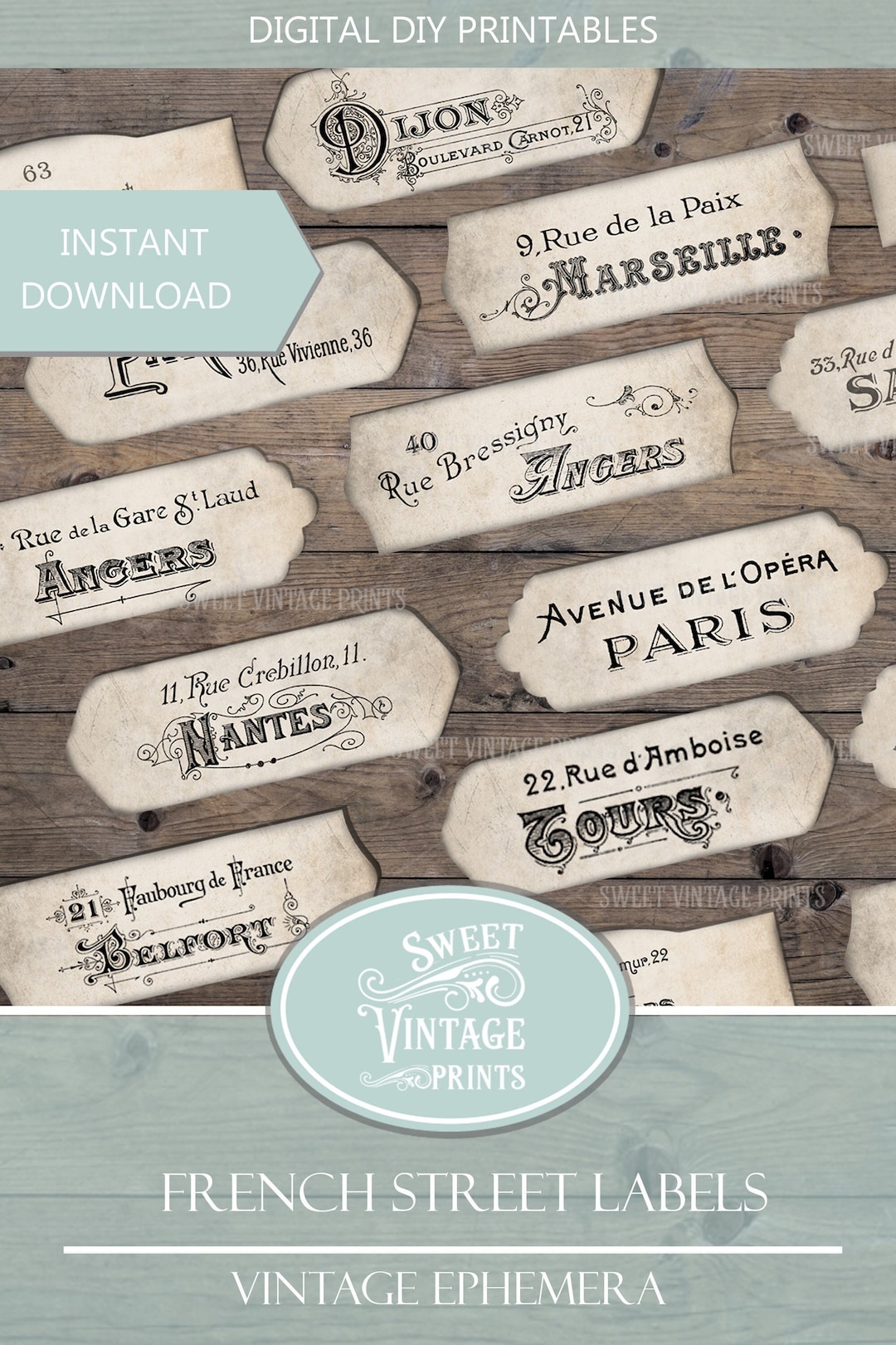 Vintage French Street Labels, Vintage Craft Tags, Shabby, Junk Journal ...