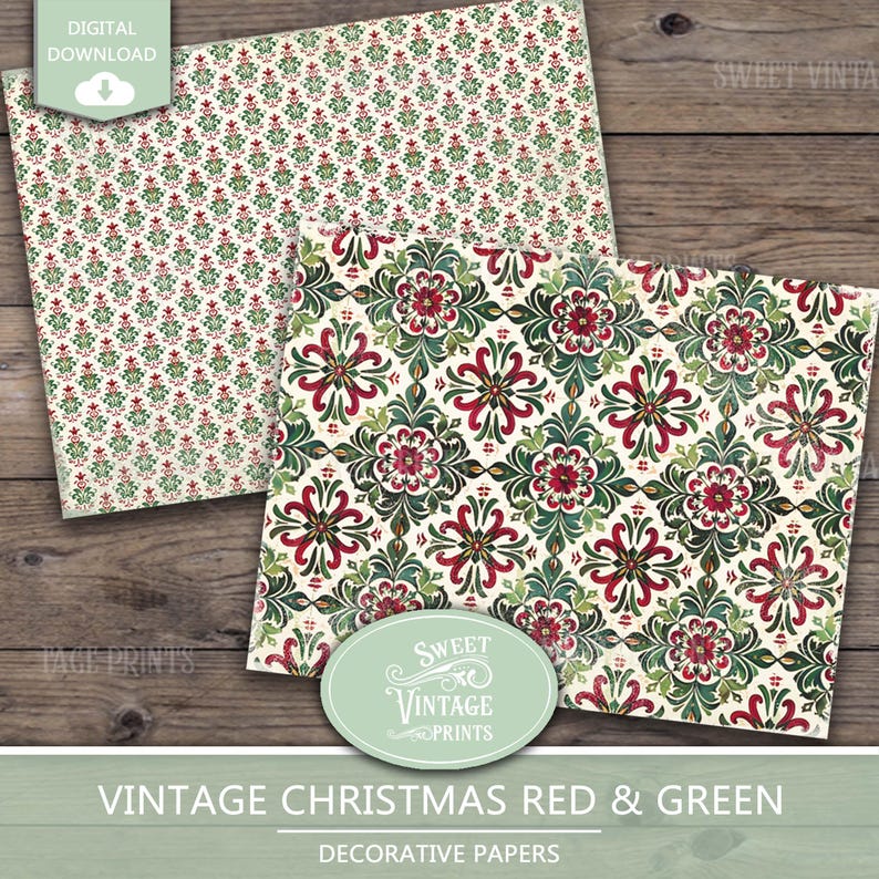 Christmas Junk Journal Papers | Red Green Christmas Digital Paper Pack ...