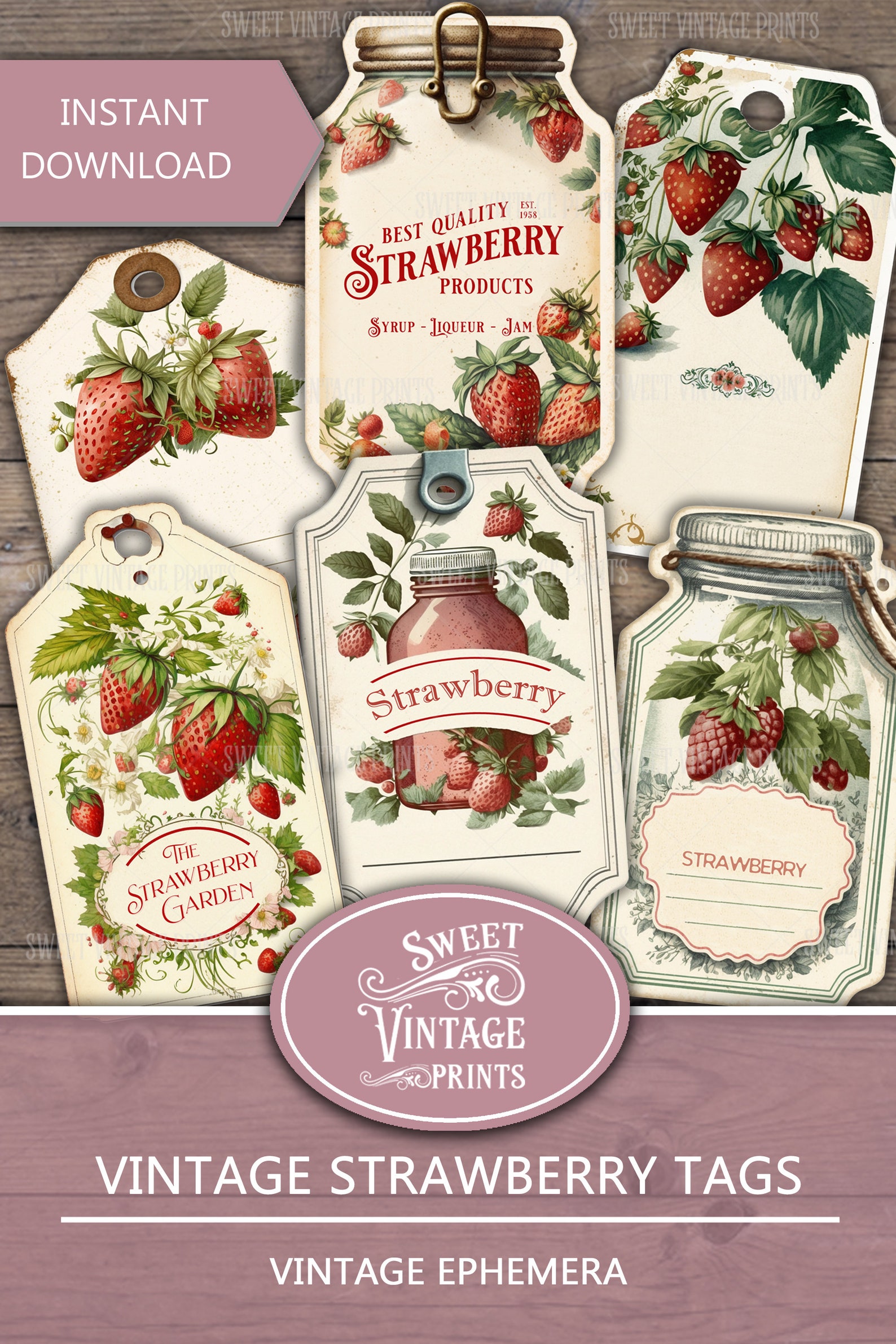 Vintage Strawberry Tags, Strawberry Jam Printable Labels, Strawberry ...