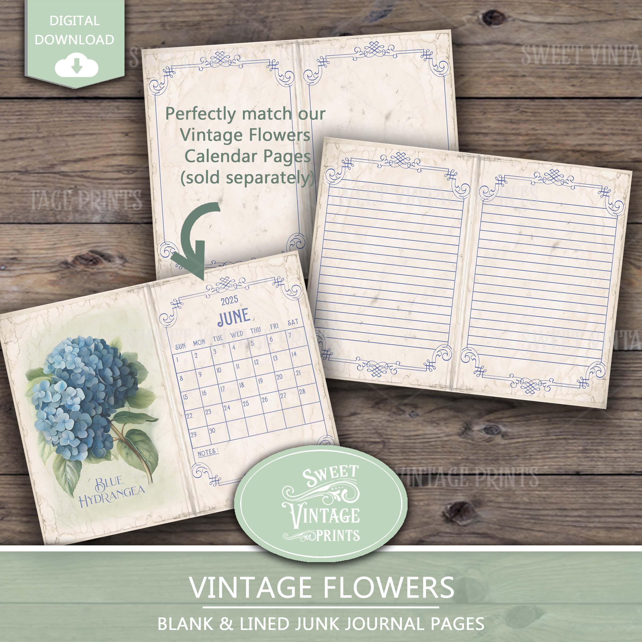 Blank & Lined Junk Journal Pages | Vintage Flowers Calendar Filler ...