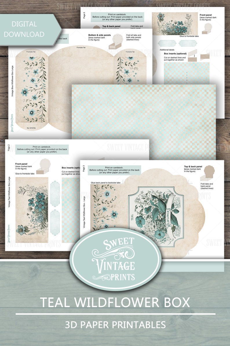 Printable Box, Vintage Flower Box, Teal Wildflower Box Kit, Printable ...