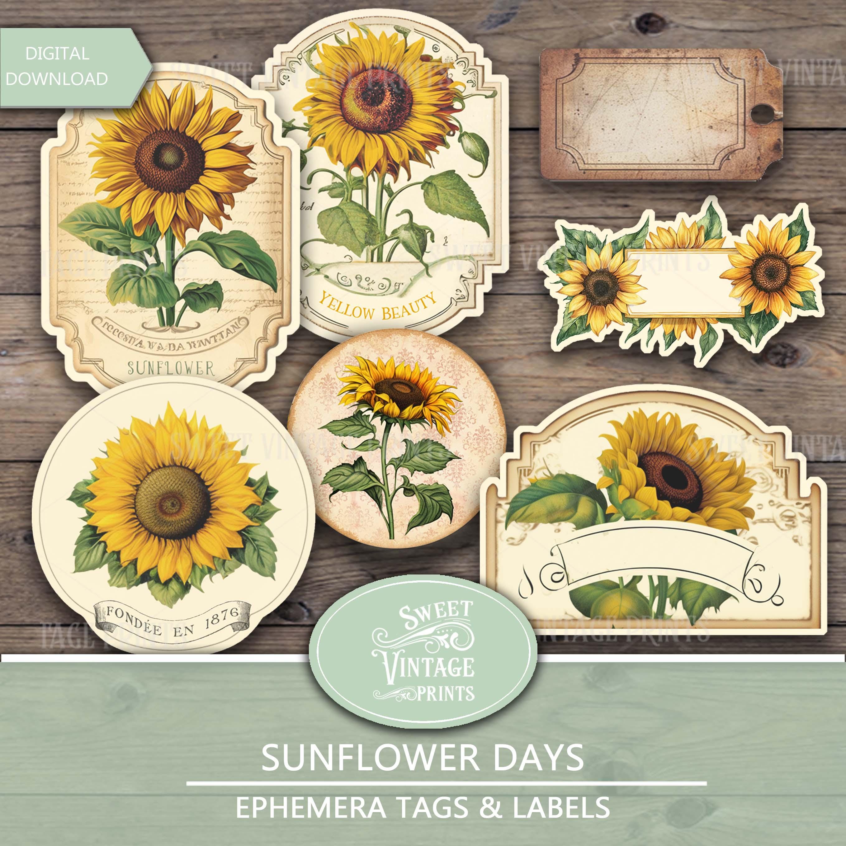 Sunflower Junk Journal Ephemera | Sunflower Printable Tags & Labels ...