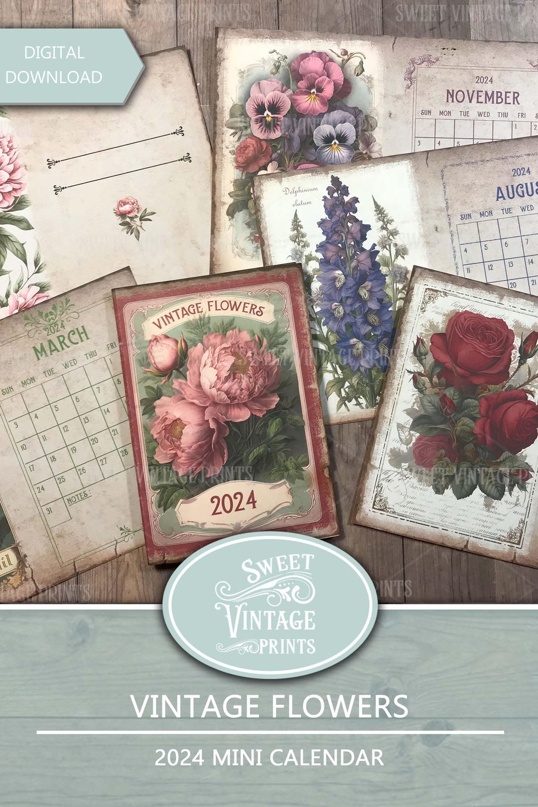 Printable Mini Calendar 2024, Vintage Flowers Calendar, DIY Planner ...