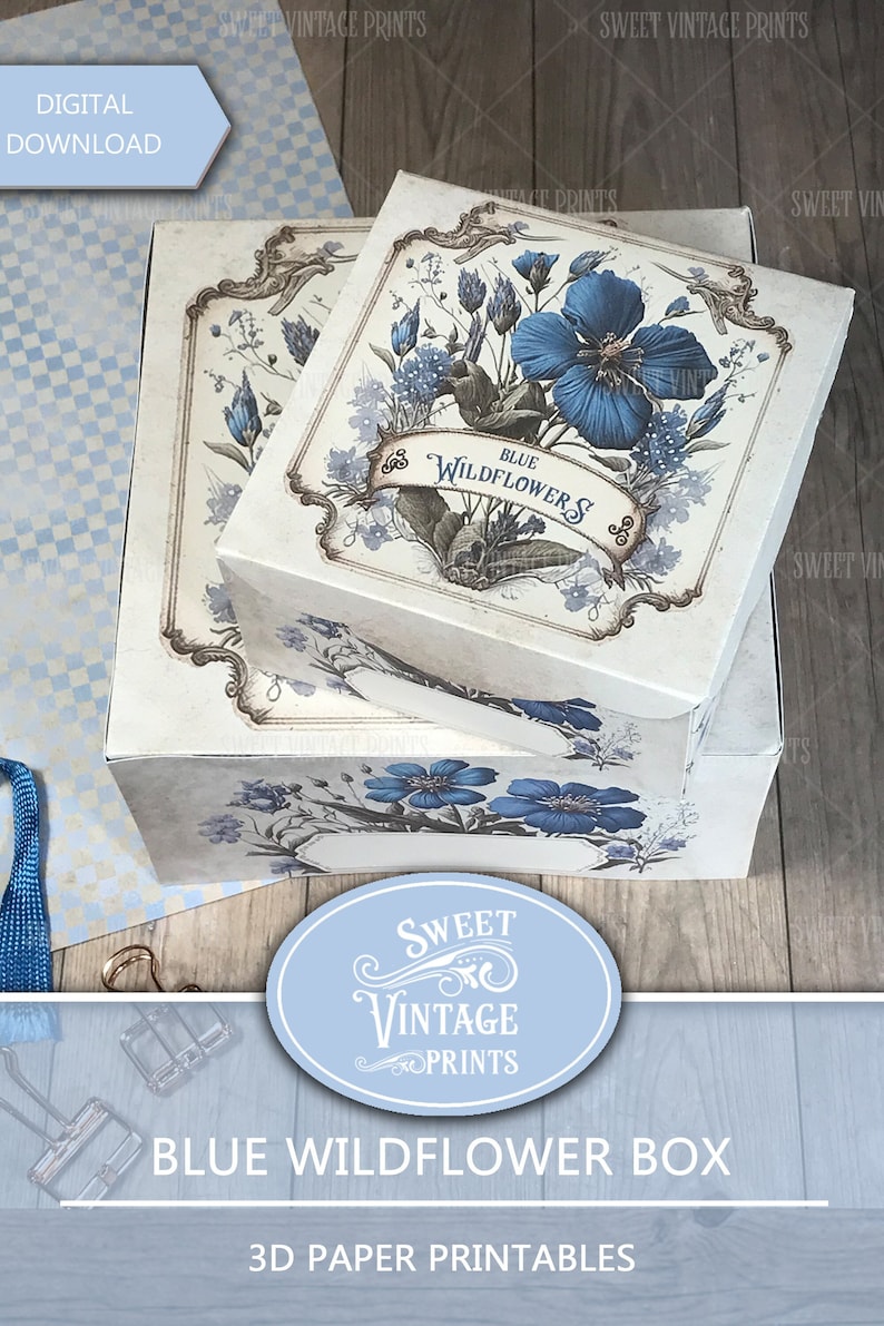 Printable Box, Vintage Flower Box, Blue Wildflower Box, Printable ...