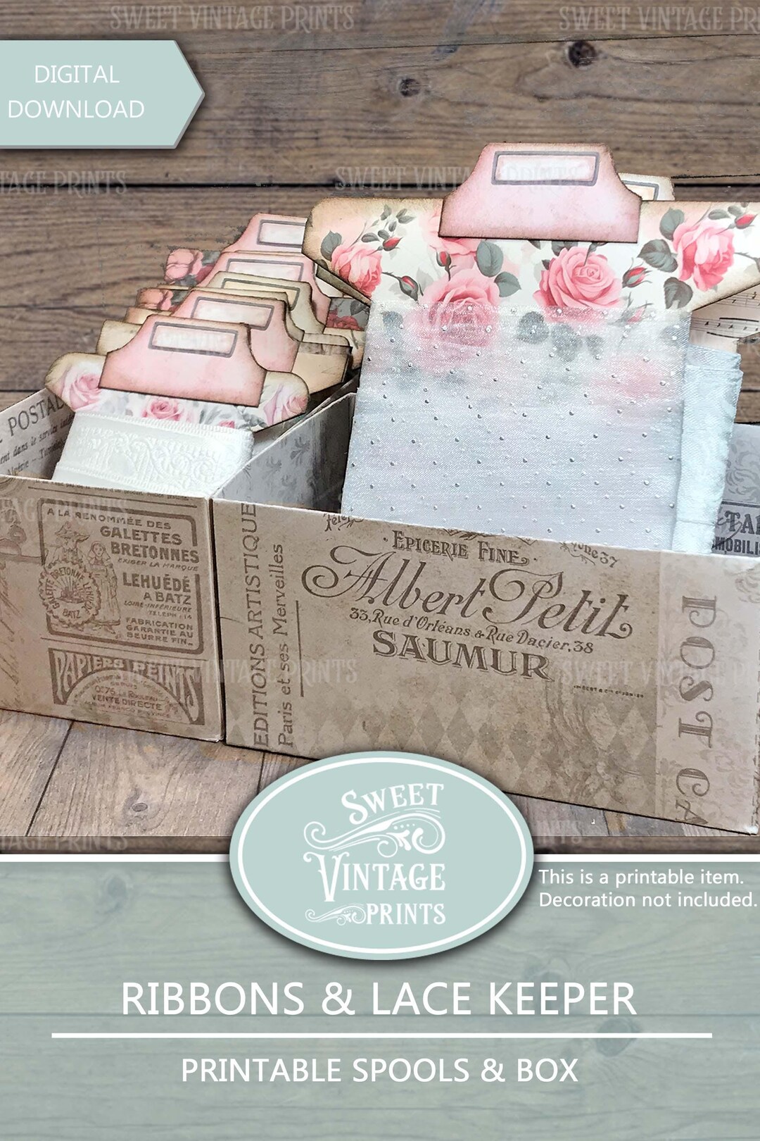 Ribbons & Lace Keeper Box Printable | Vintage Craft Organizer | DIY Box ...