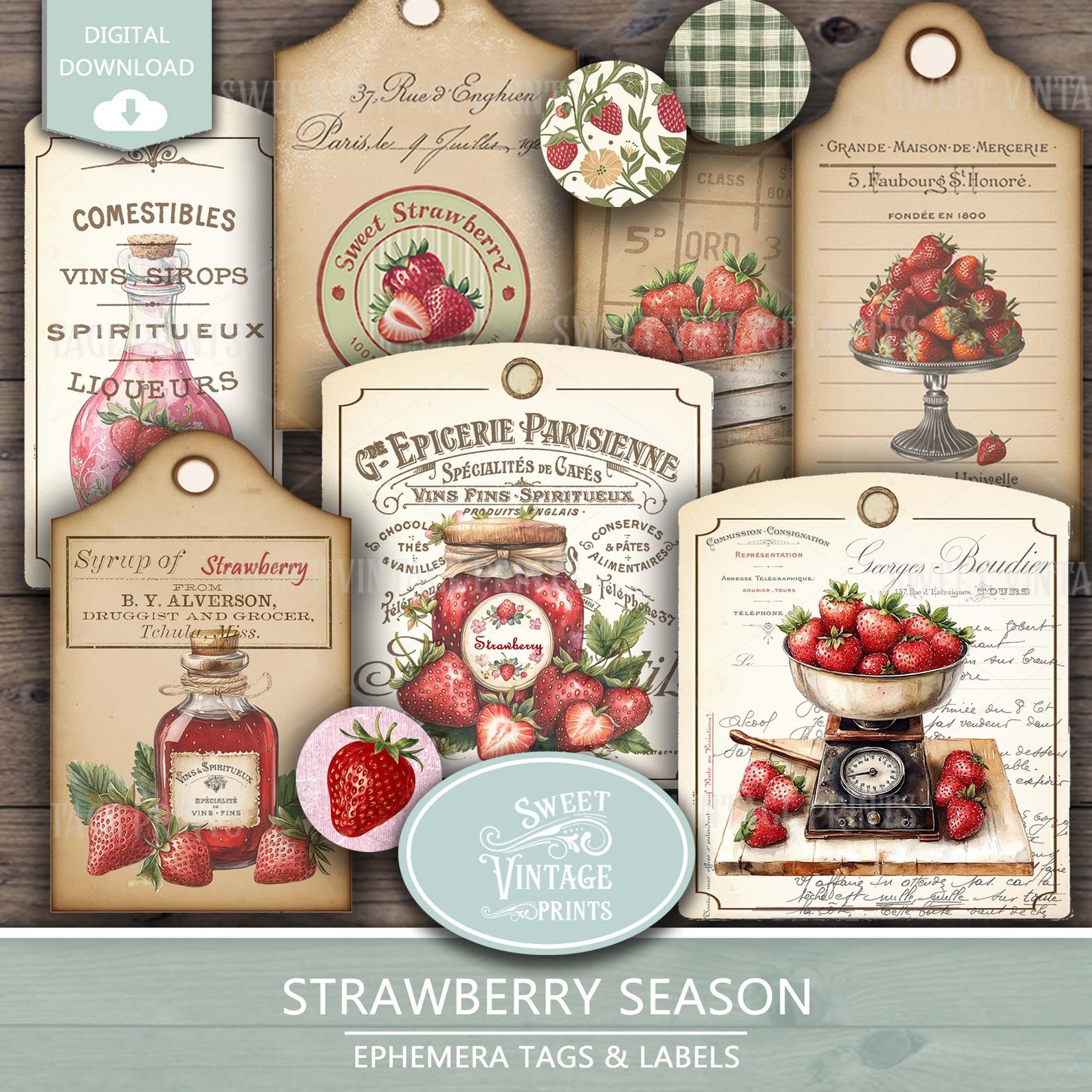 Strawberry Junk Journal Ephemera | Vintage Strawberries Printable Tags ...