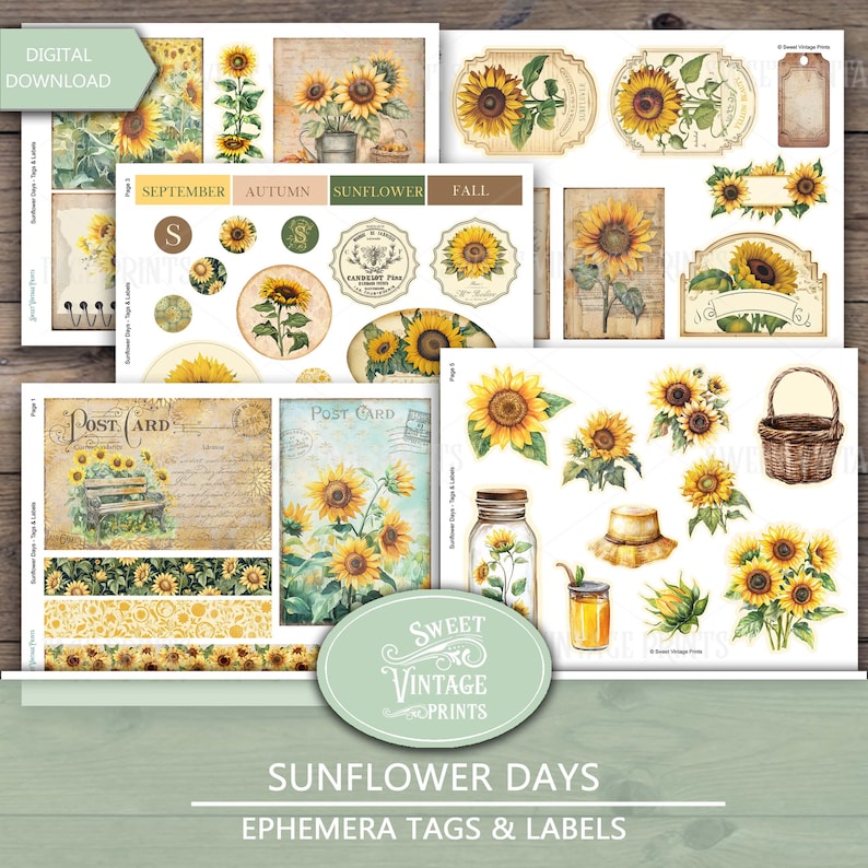 Sunflower Junk Journal Ephemera | Sunflower Printable Tags & Labels ...