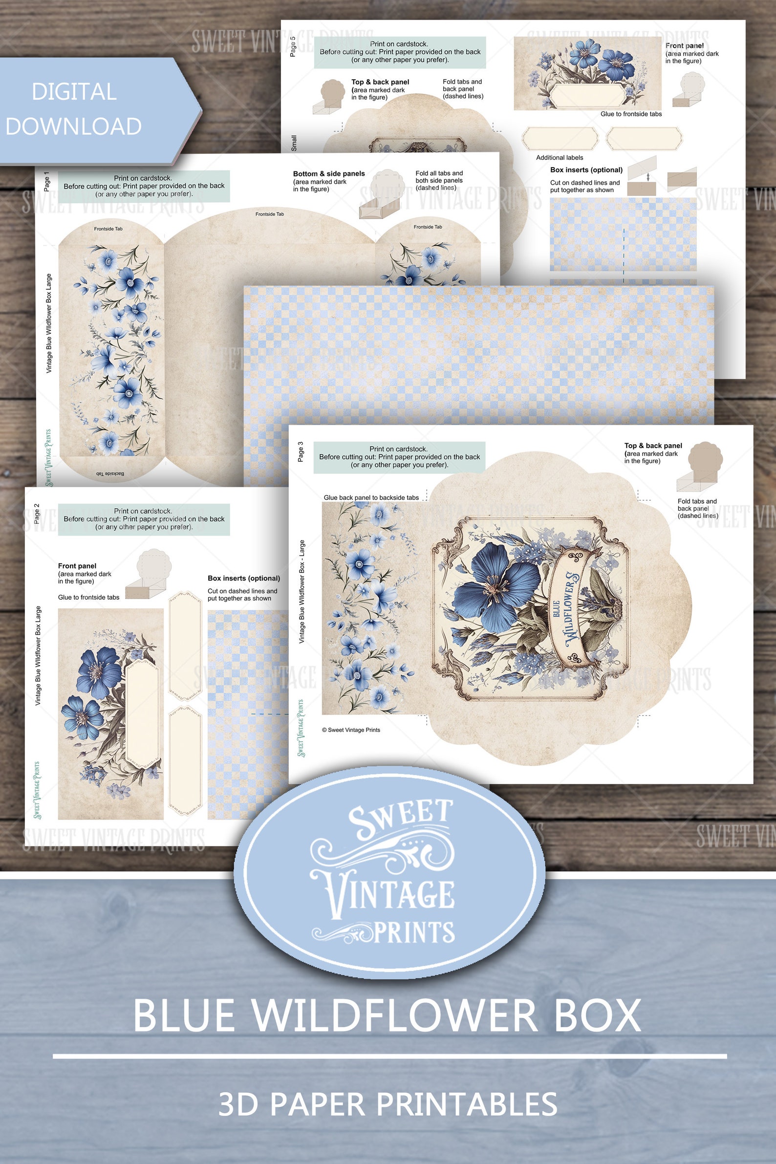Printable Box, Vintage Flower Box, Blue Wildflower Box, Printable ...