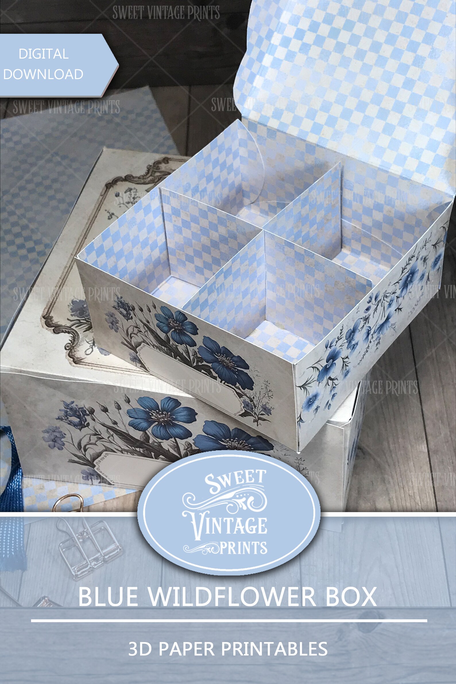 Printable Box, Vintage Flower Box, Blue Wildflower Box, Printable ...