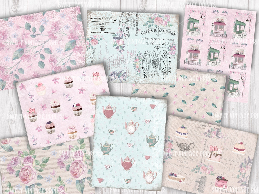 French Patisserie, Digital Paper Pack, Vintage, Tea Roses, Shabby Junk ...