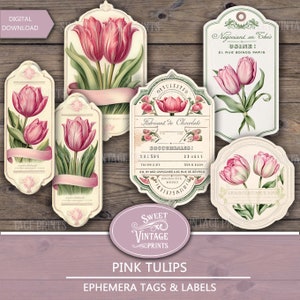 Tulips Junk Journal Ephemera | Pink Tulips Printable Tags & Labels ...