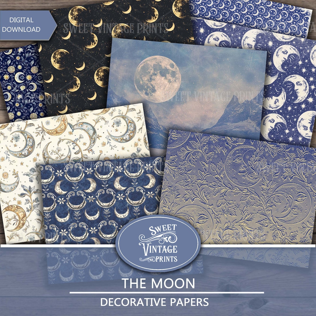 Moon Junk Journal Printable Papers | Moon Digital Paper Pack | Blue ...