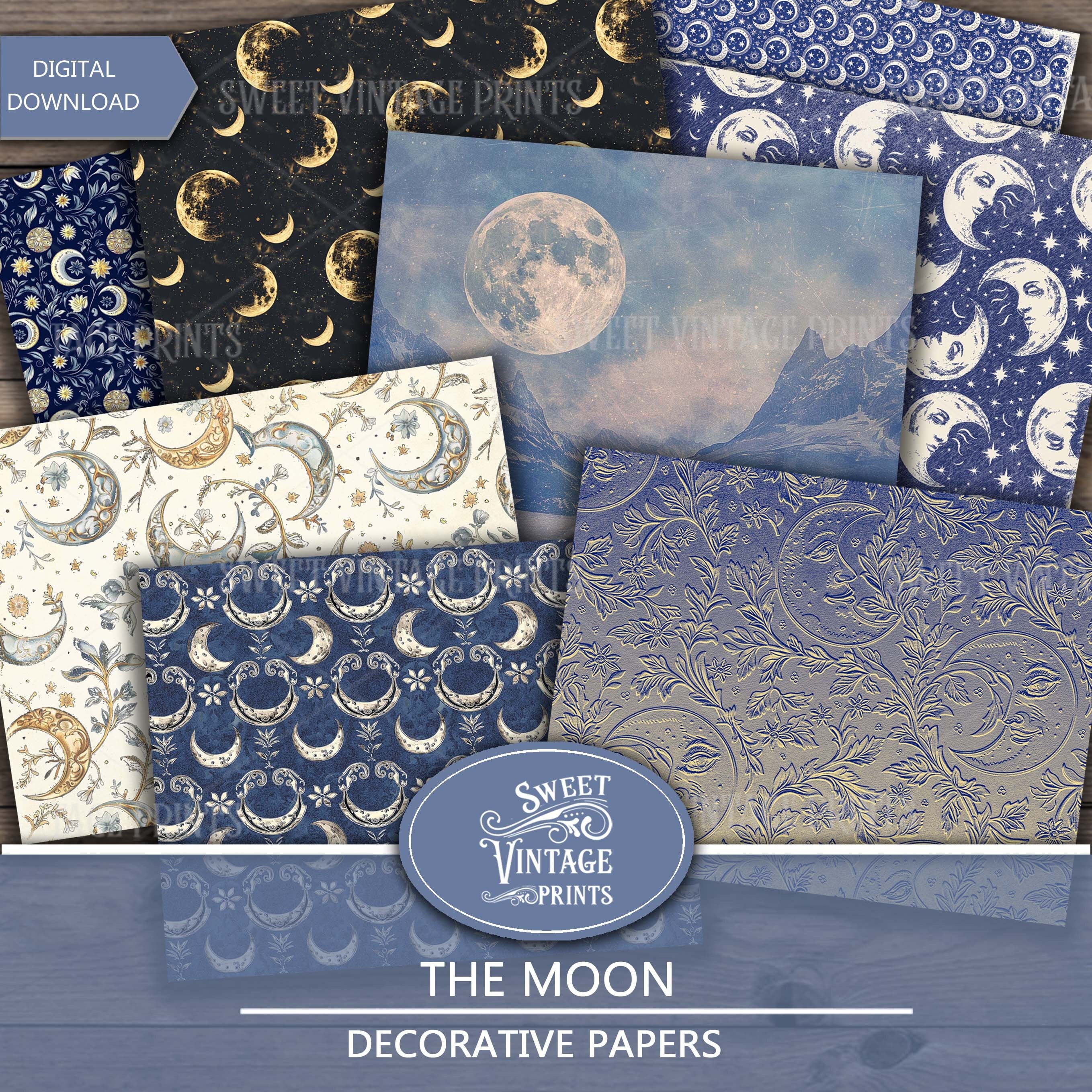 Moon Junk Journal Printable Papers | Moon Digital Paper Pack | Blue ...