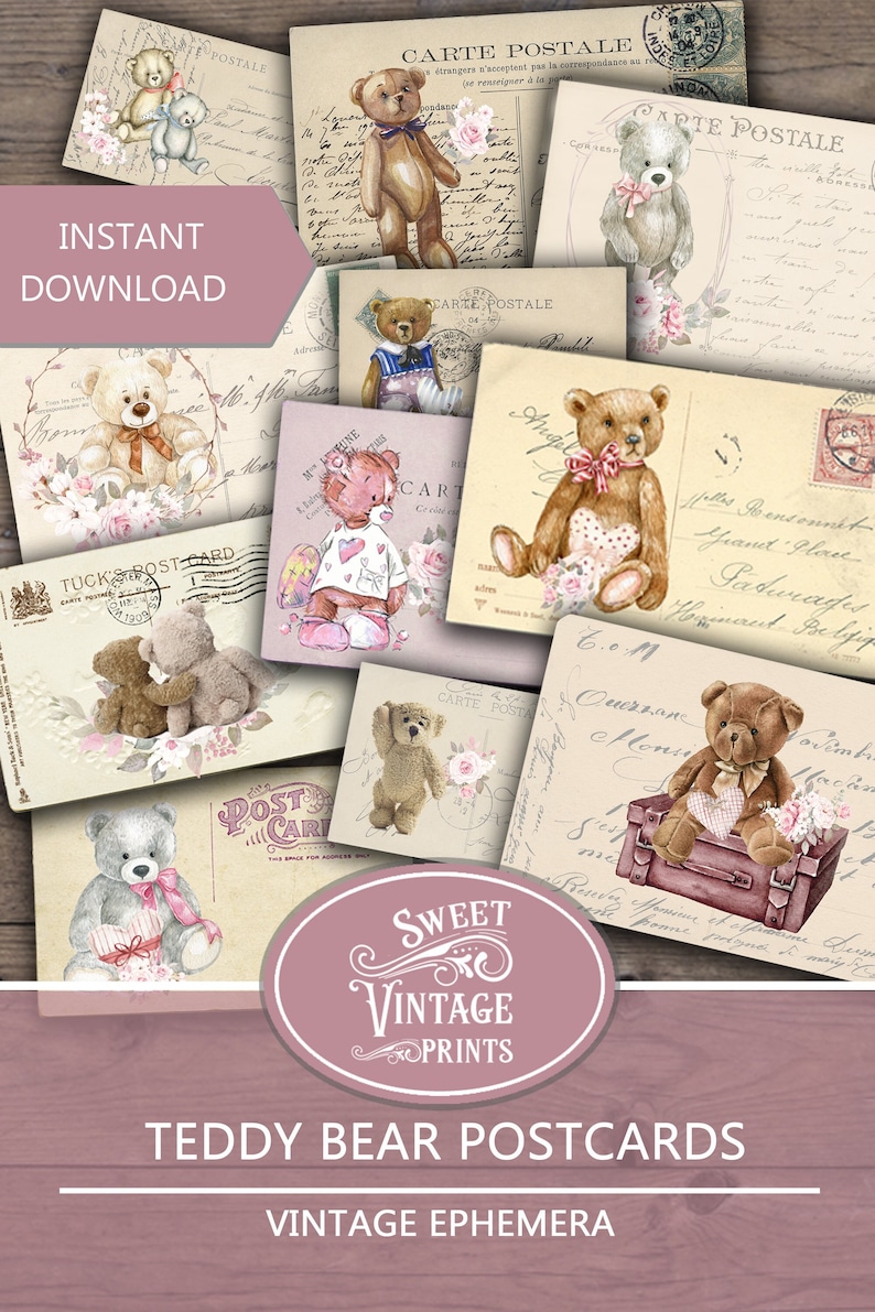 Vintage Teddy Bear Postcards, Teddy Bear Junk Journal, Teddy Bear ...