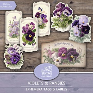 Violets Junk Journal Ephemera, Pansies Tags & Labels Printable, Vintage ...