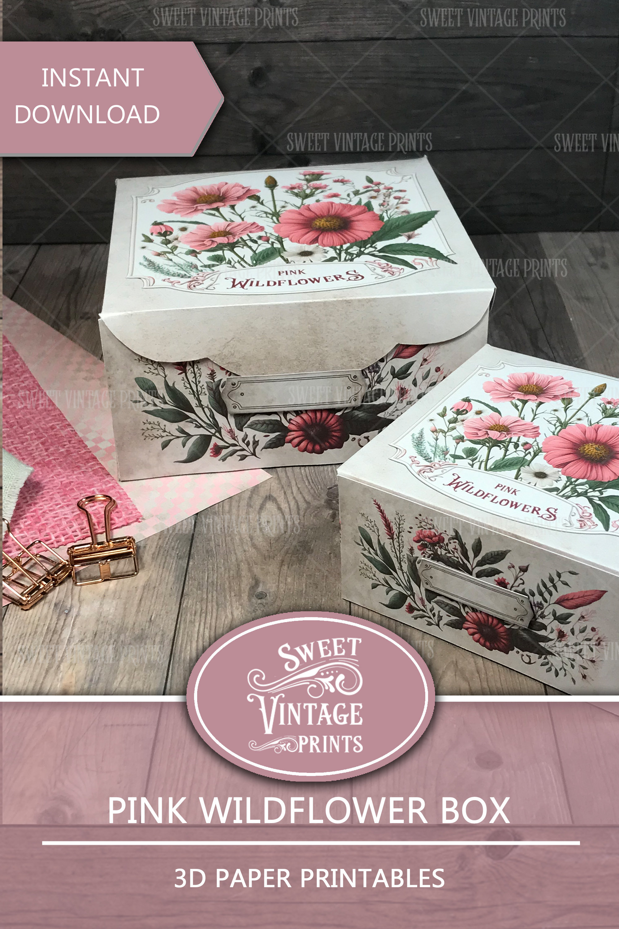 Printable Box, Vintage Flower Box, Pink Wildflower Box Kit, Printable ...
