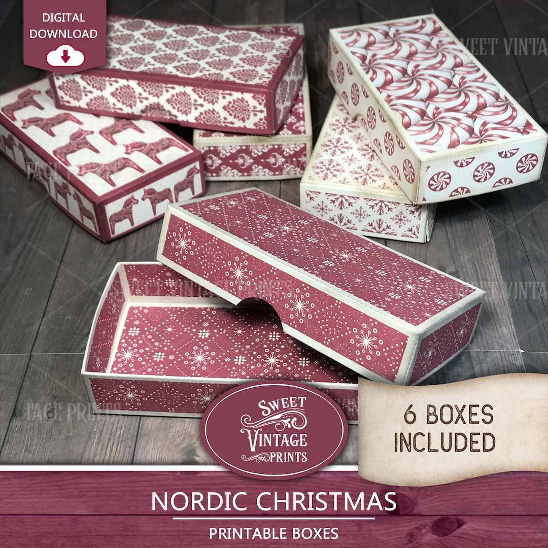 Printable Red Nordic Christmas Gift Box | DIY Holiday Craft Kit | Small ...