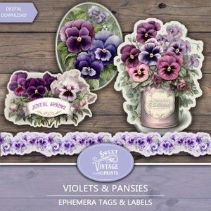Violets Junk Journal Ephemera, Pansies Tags & Labels Printable, Vintage ...