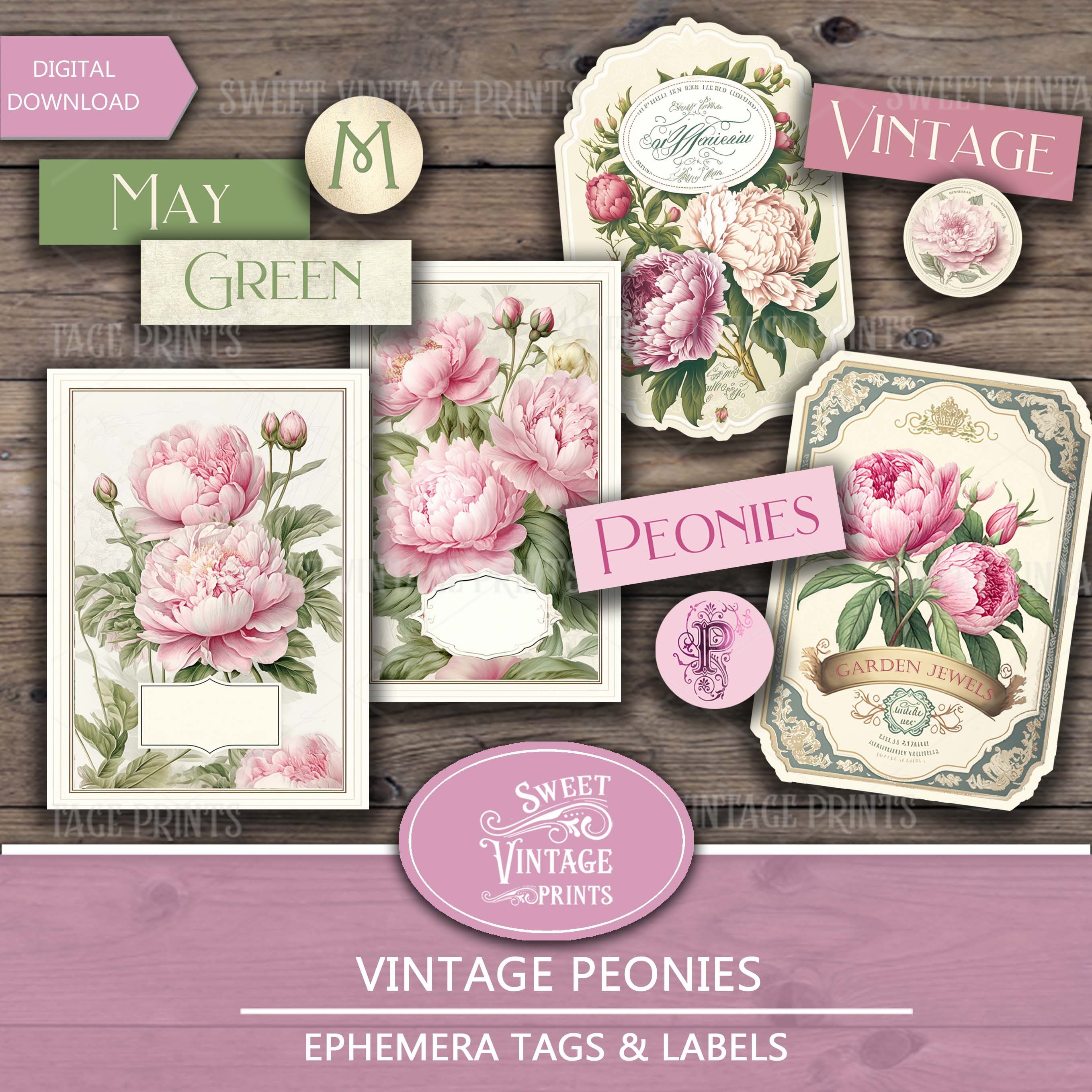 Peonies Junk Journal Ephemera | Pink Peony Printable Tags & Labels ...